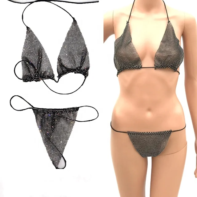 C014 Sexy Ladies Sequins Crystal Swimwear Bikini Set Push Up Bra And