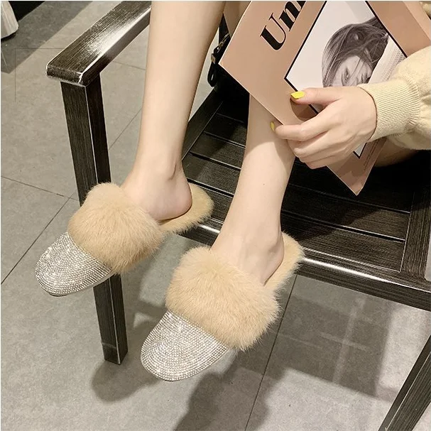 2020 Hot Sell Shiny Fur Slides Bling Rhinestone House Women Fluffy ...