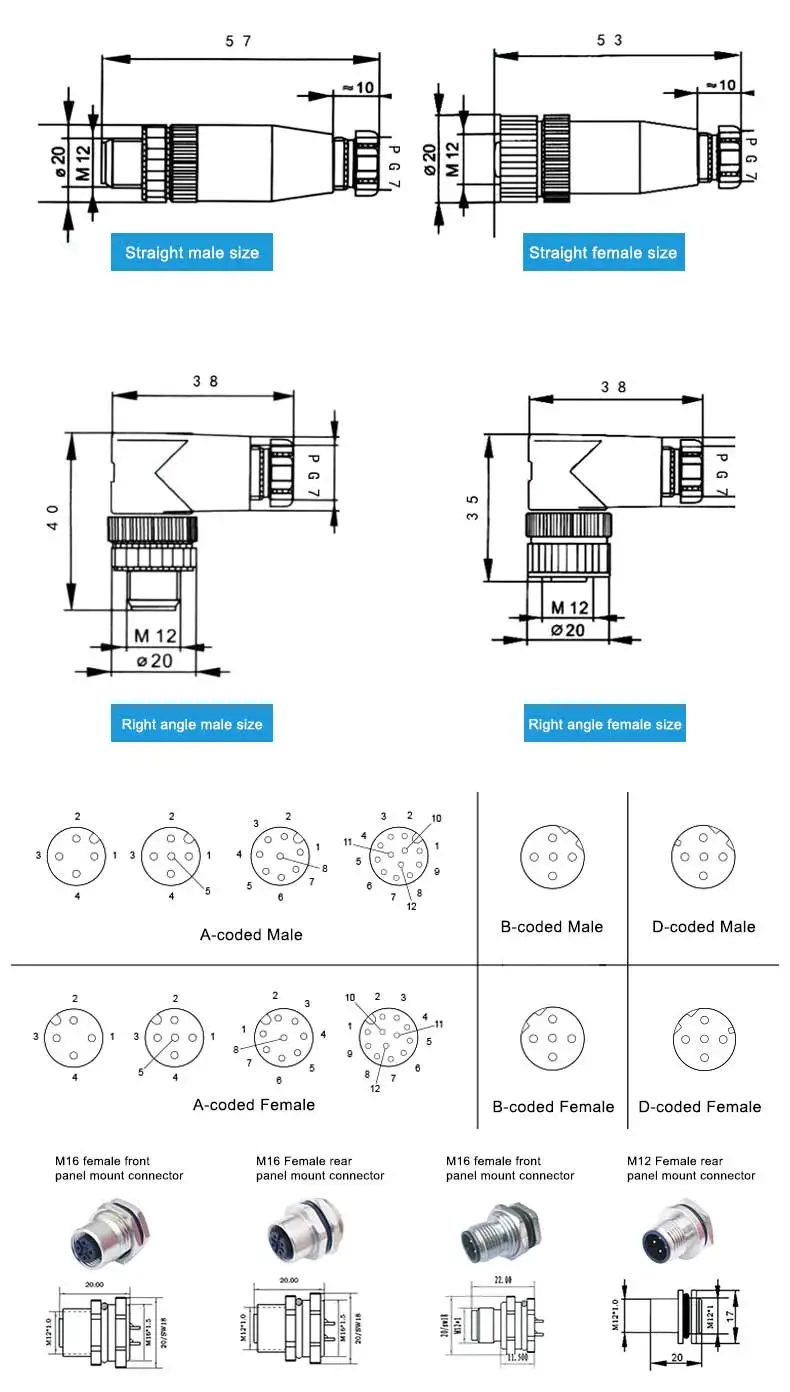 M12 Sensor Connectors - Reliable 3pin, 4pin, 5pin, 8pin