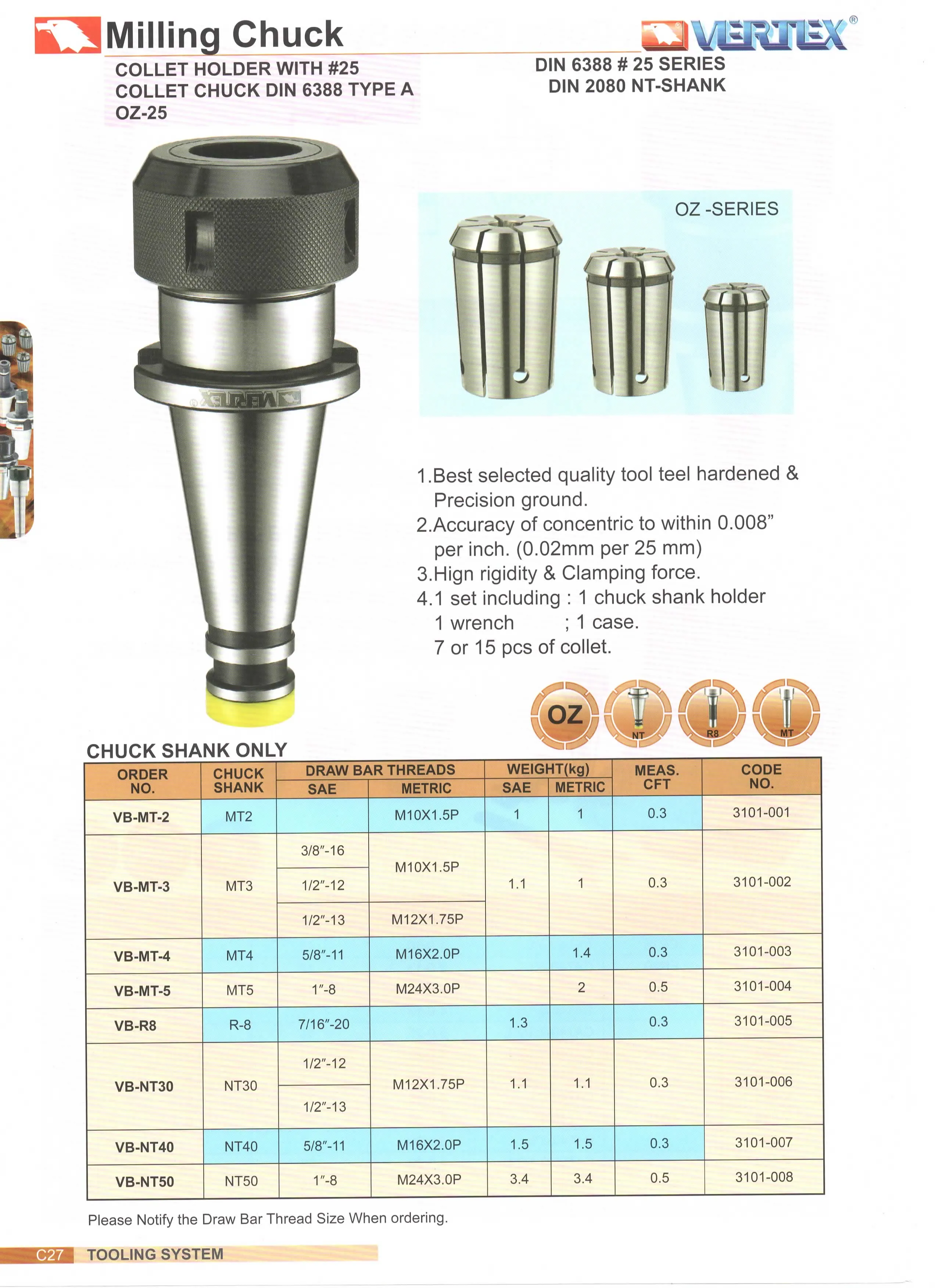 VERTEX Collet Holder with OZ25 Collet Chuck DIN6388 Type A