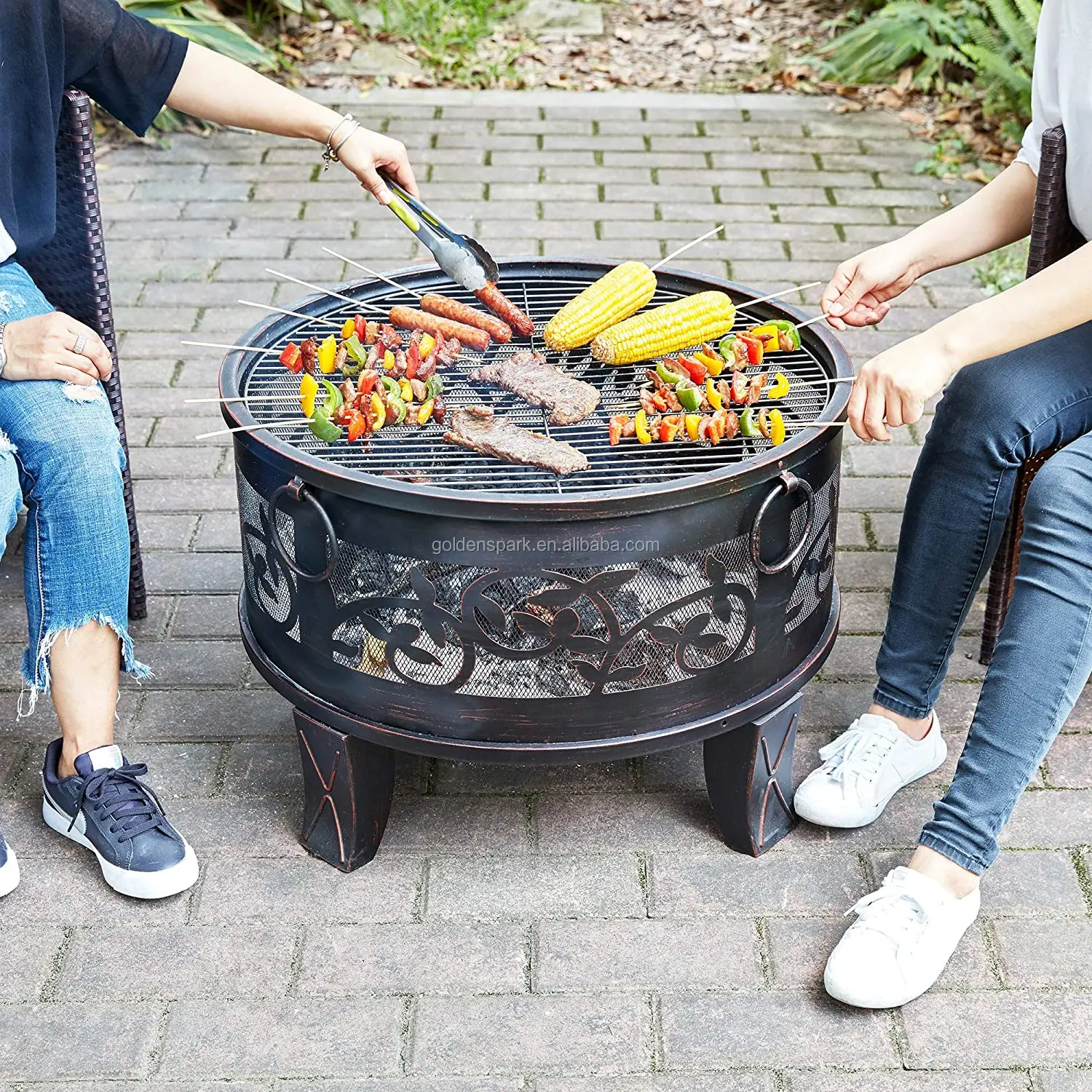 Lattice Design Fire Pit Brazier with Mesh Spark Guard, BBQ Grill Insert ...