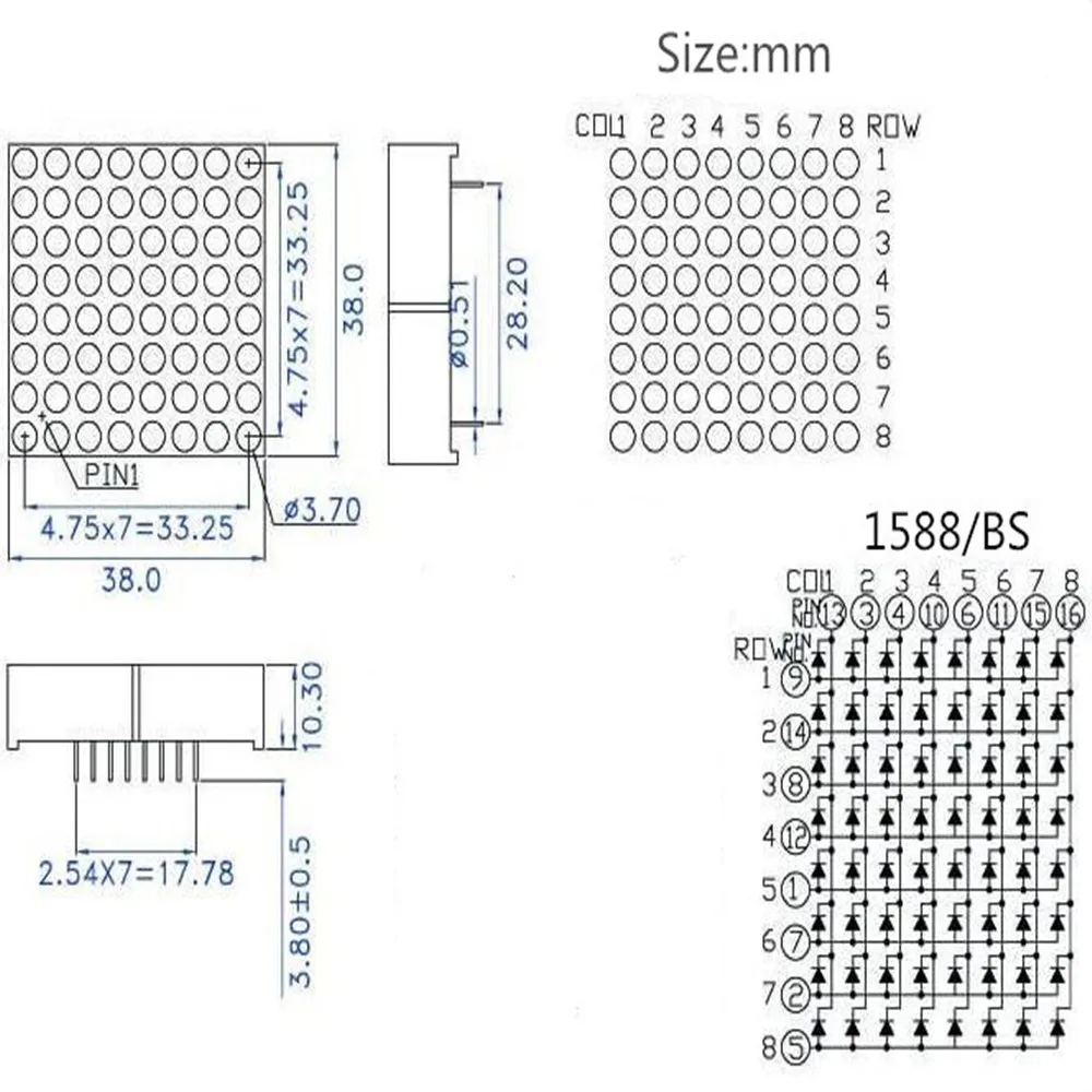 19mm 8x8 Dot Matrix Common Cathode Led Display Panels Module 788AS