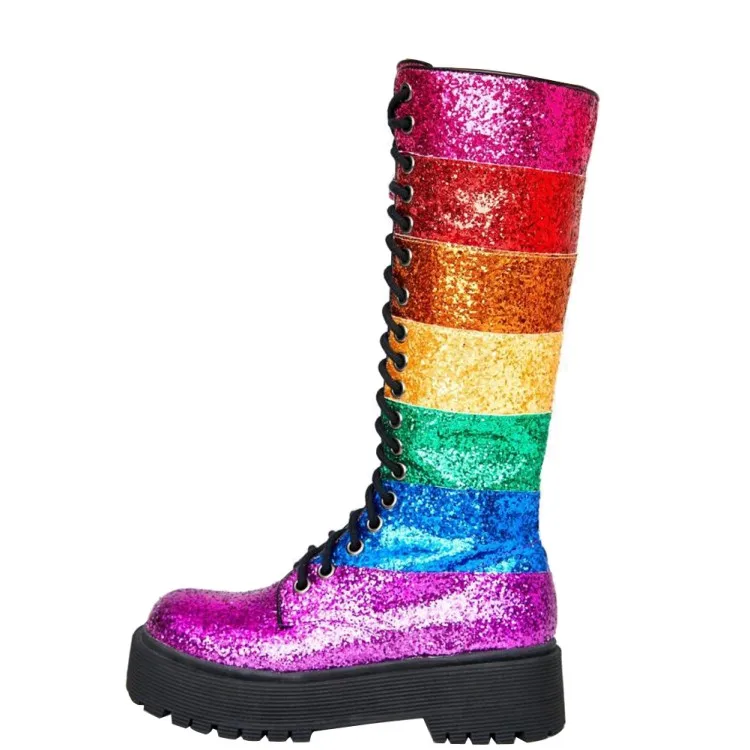 Handmade Custom Fashion Women Platform Flat Rainbow Glitter Boots Girls ...
