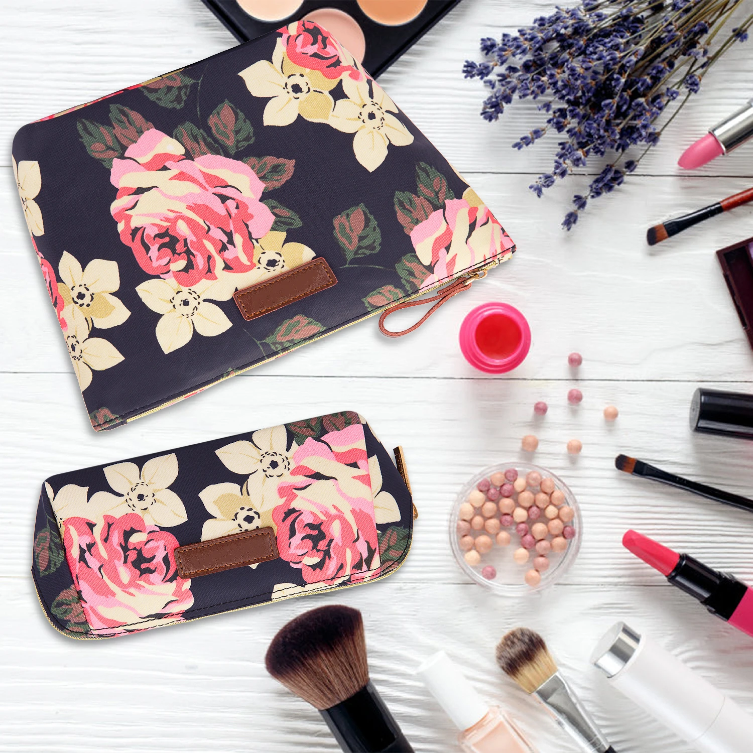 Custom Floral Pattern Large Travel Zipper Cosmetic Bag Nylon Waterproof ...