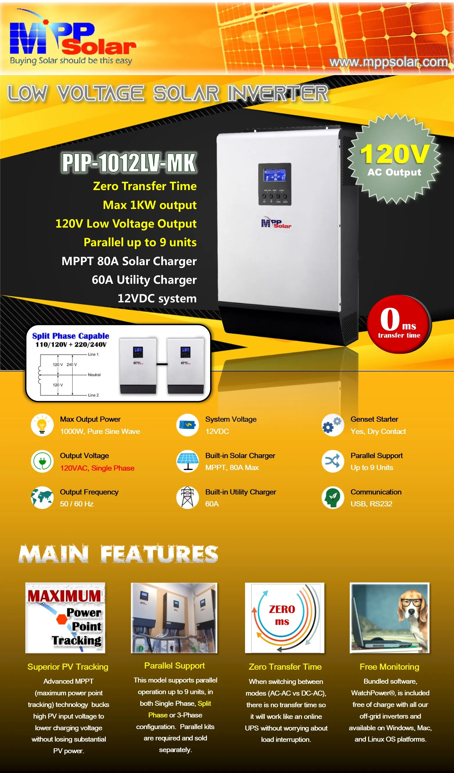 Mppsolar 1000w 12v 110v 120v Pure Sine Wave Solar Inverter
