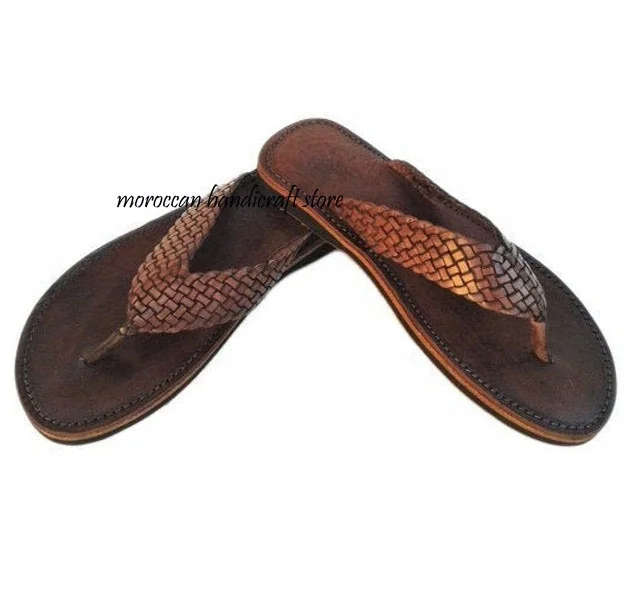 Brown Braided Leather Flip Flops - Moroccan Babouche