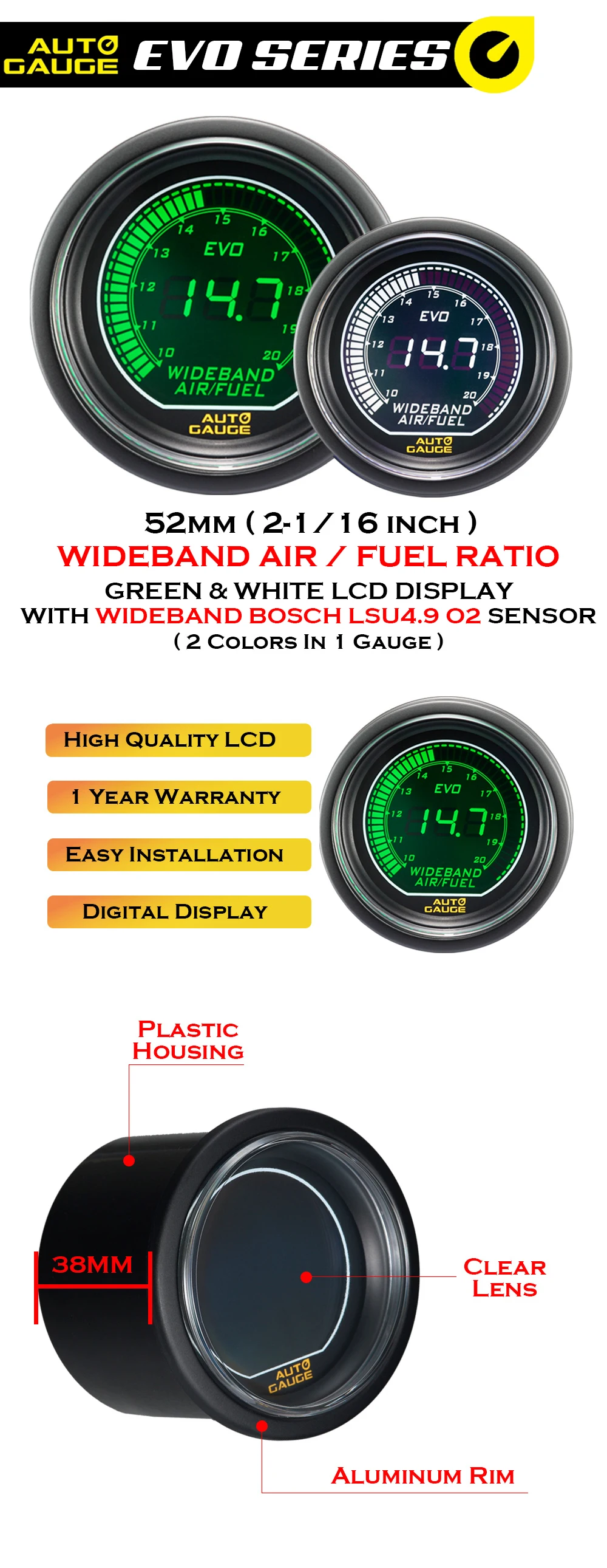 52mm Auto Gauge Sensor - Digital Wideband Air Fuel Ratio Meter