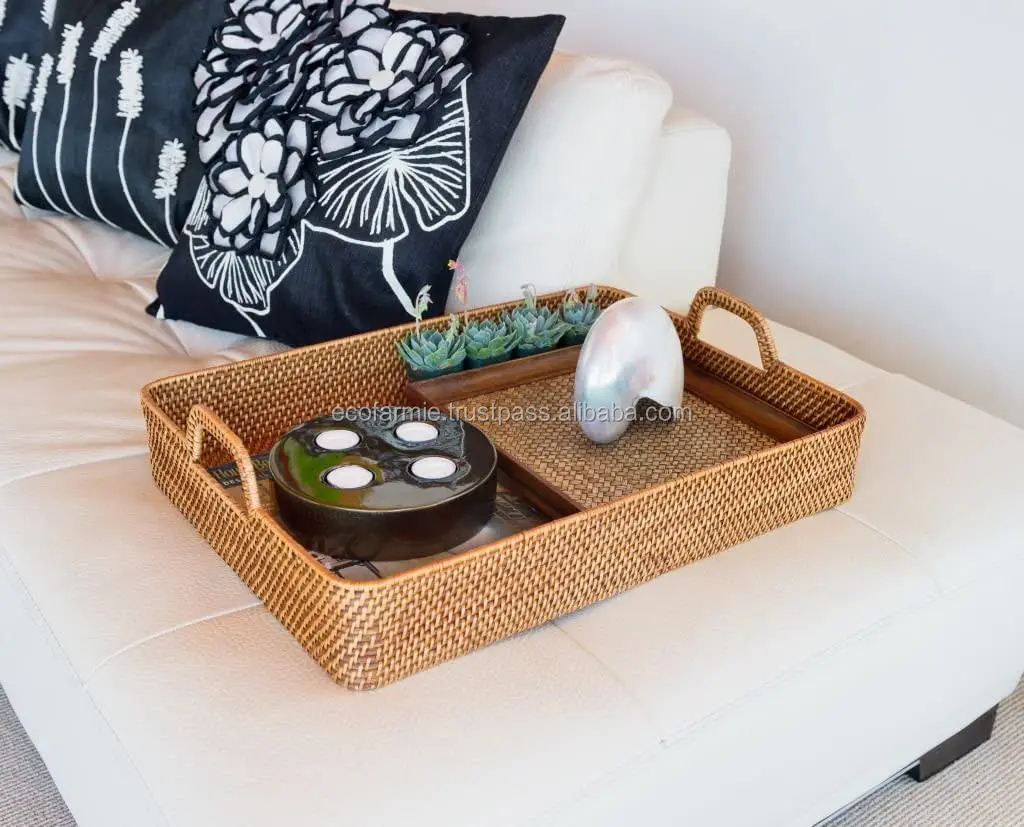 Round Wicker Rattan Tray Home Decor Bathroom Vanity Container Towels ...