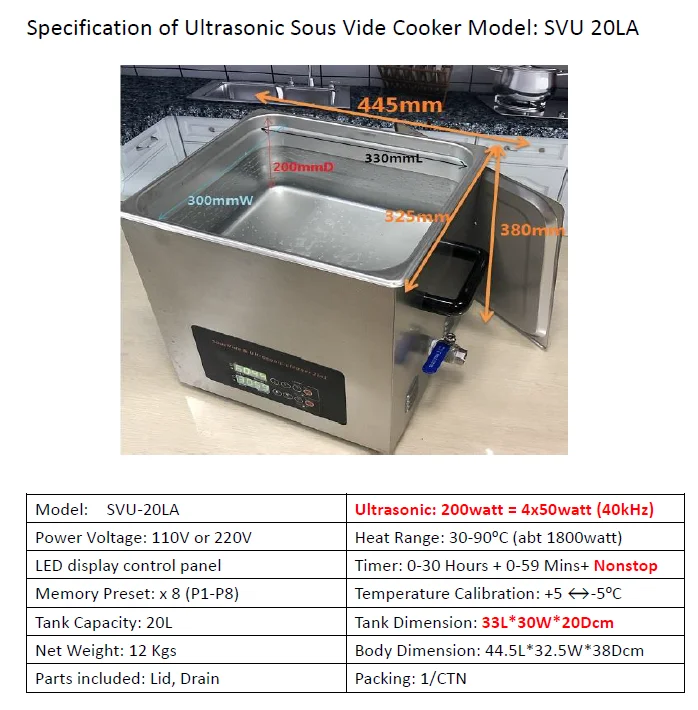 20L Sous Vide Cooker with Ultrasonic Heating for Mass Production
