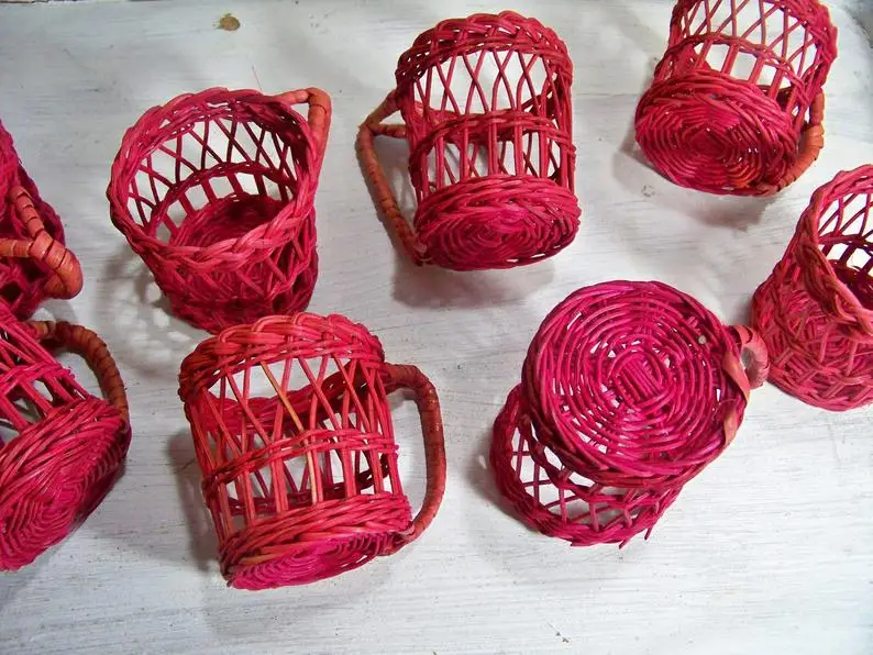 Lovely Vintage Wicker Cup Holder Set Of 6 Multicolored Rattan Cups Boho ...