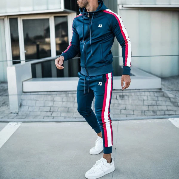 Men's Red Stripe Hooded Tracksuit Customizable Fitness Bodybuilding ...