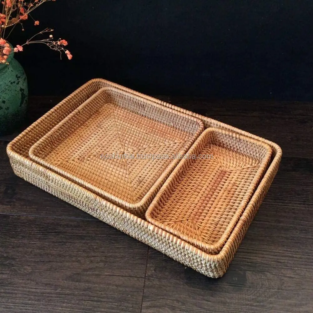 Round Wicker Rattan Tray Home Decor Bathroom Vanity Container Towels ...