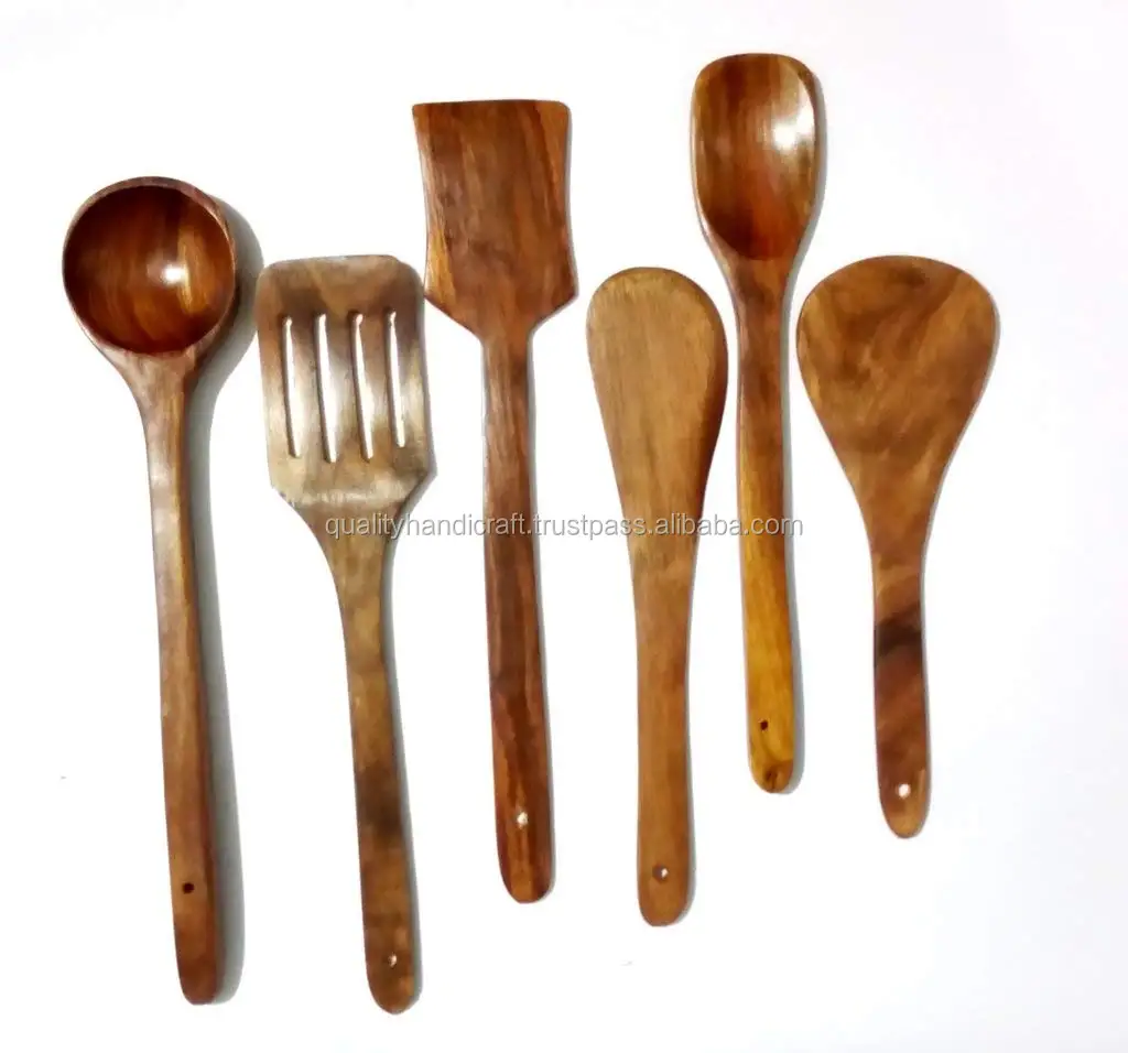 Wooden Serving and Cooking Spoon Kitchen Utensil - Set of 6 Handicraft ...