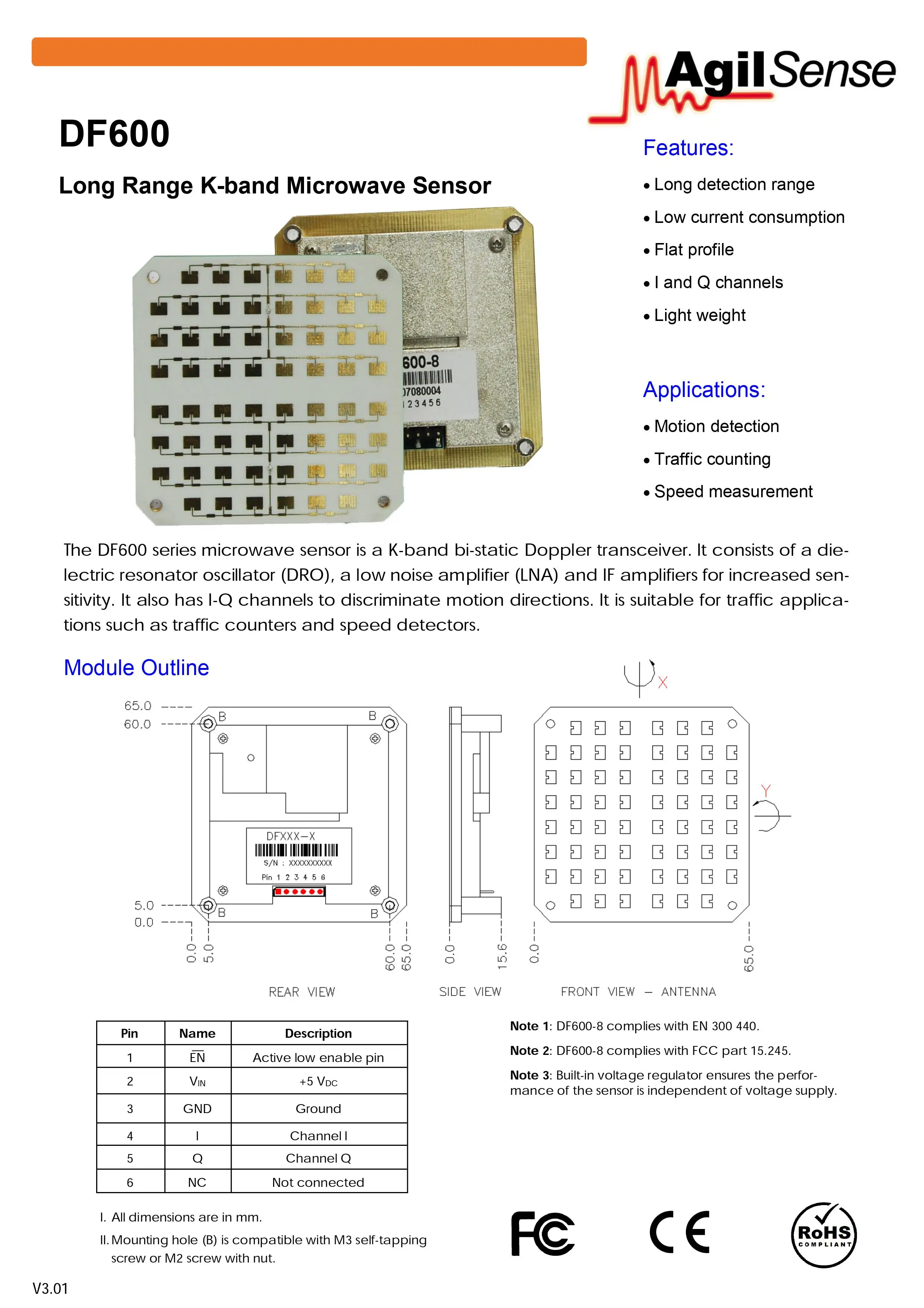 AgilSense 장거리 모션 감지 RF 프론트 엔드 K-밴드 센서 DF600-8 낮은 대기 전원 태양 전원 교통 속도 모니터링 ...