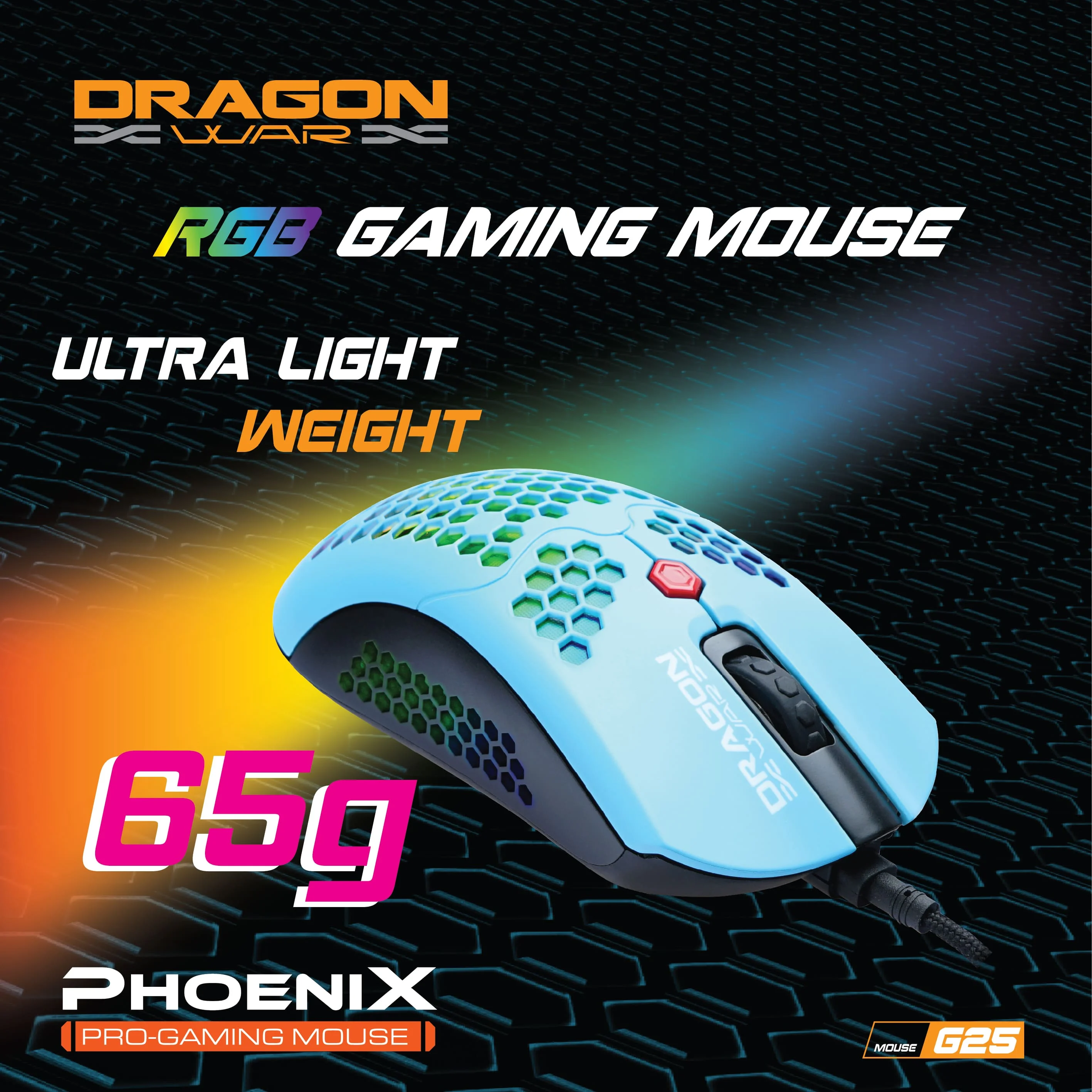 Dragon War G25 65G Gaming Mouse Blue Version with Lightweight Honeycomb Shell, Ultralight ...