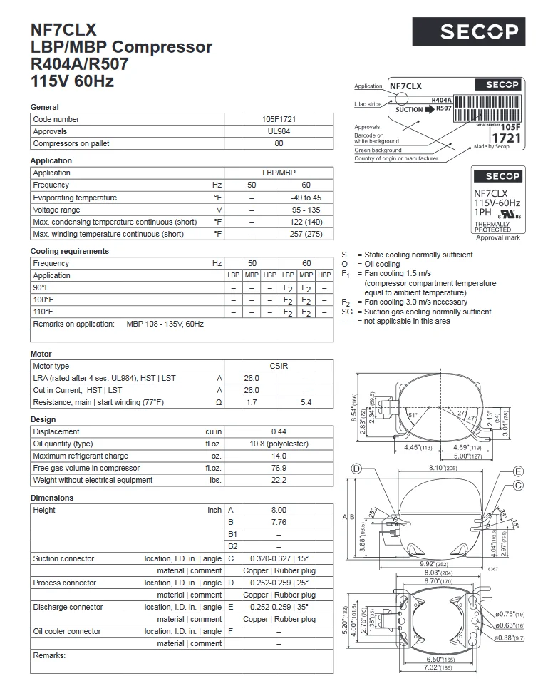 115V compresor Secop NF7CLX 105F1723 idénticas como es una colección de ...