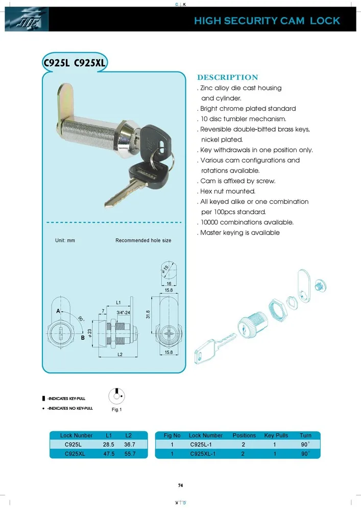 Universal 19mm Cam Lock Furniture Cabinet High Security Top Key Cam ...