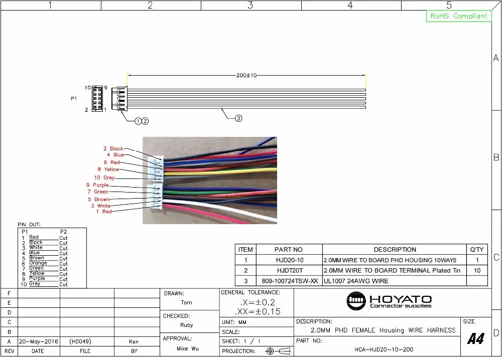 Wire to Board SMD Cable Connector - 2mm 10 Pin PHD Female