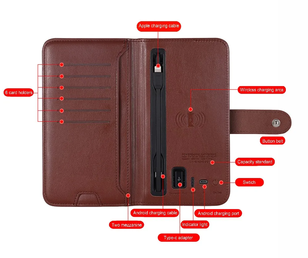 Wireless Power Bank Wallet With Buckle Rfid Blocking Portable Charging ...