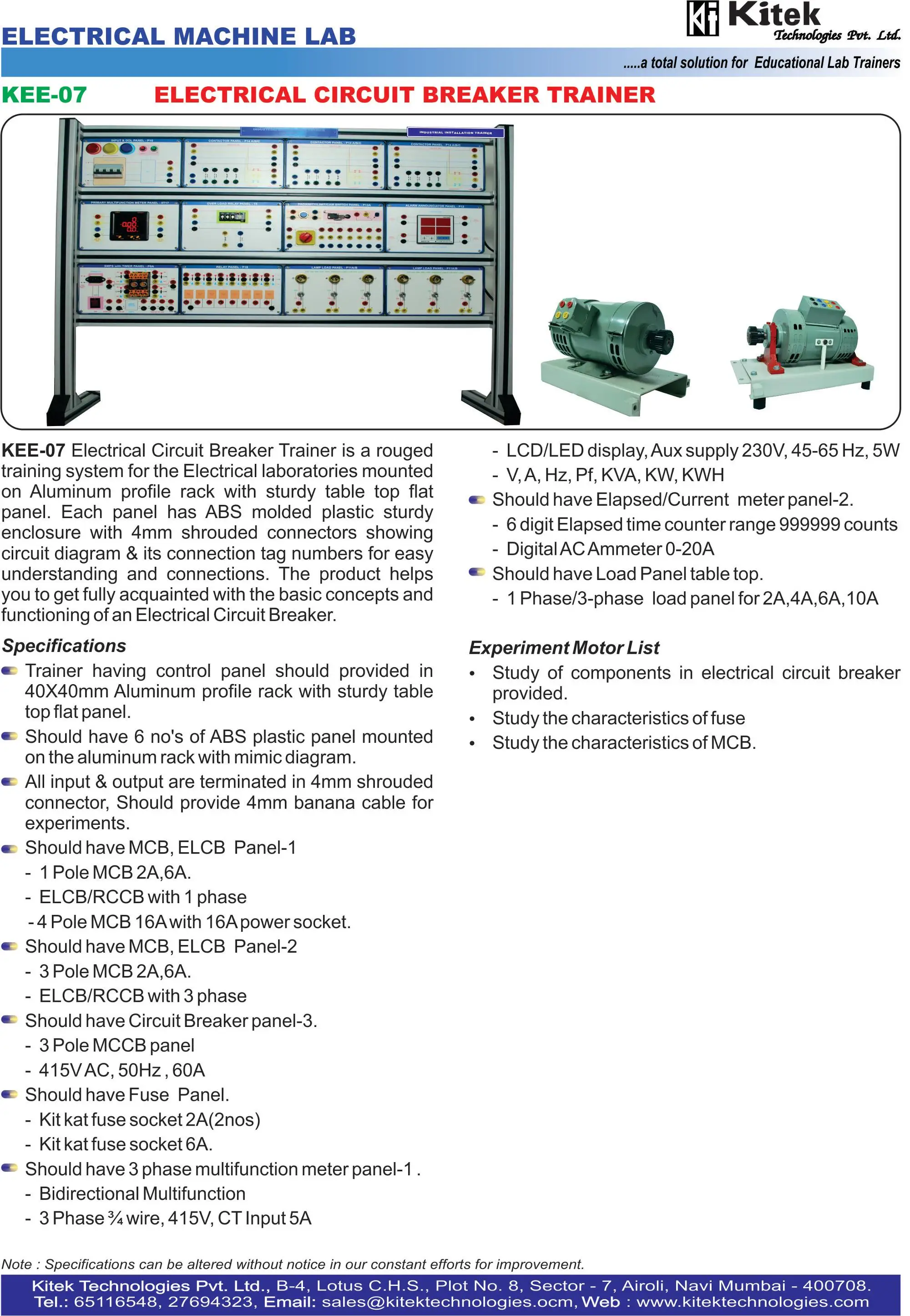 Power Distribution System Panel - Trainer for Electrical Machines