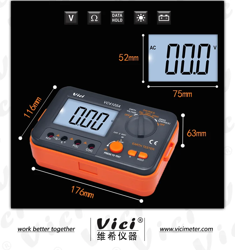 Vc4105a Digital Earth Tester Meter With 32mm High Figure - Buy Earth ...