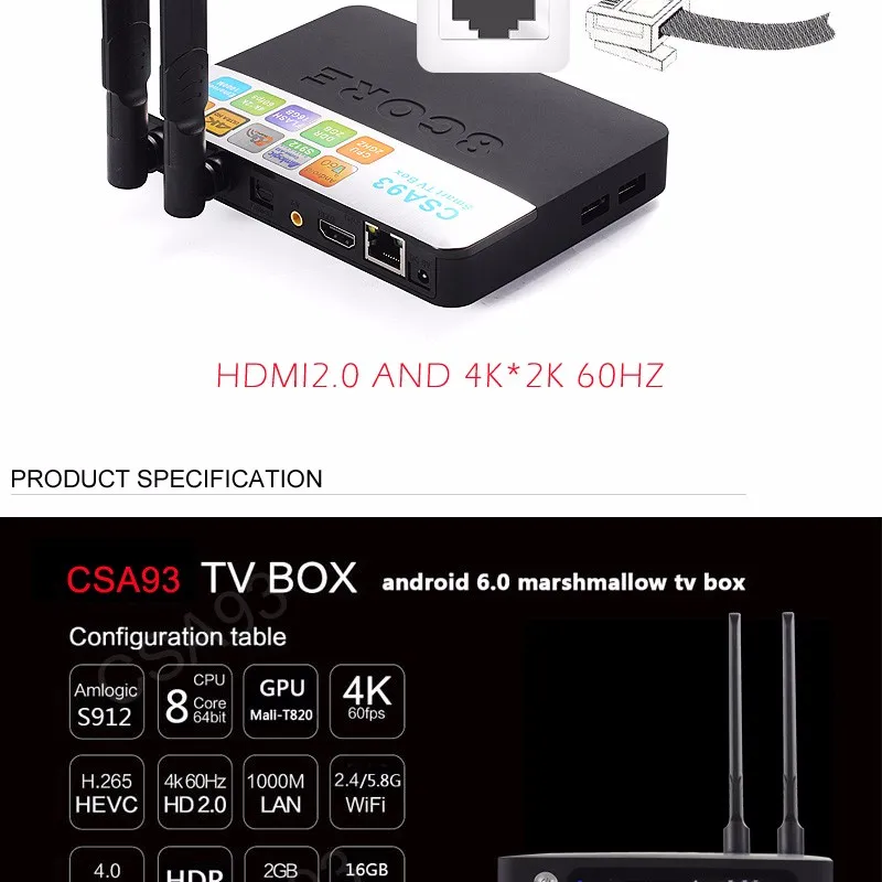 CSA93 S912 Amlogic Android TV BOX 3 hard GB 32 hard GB Media player 2 ...