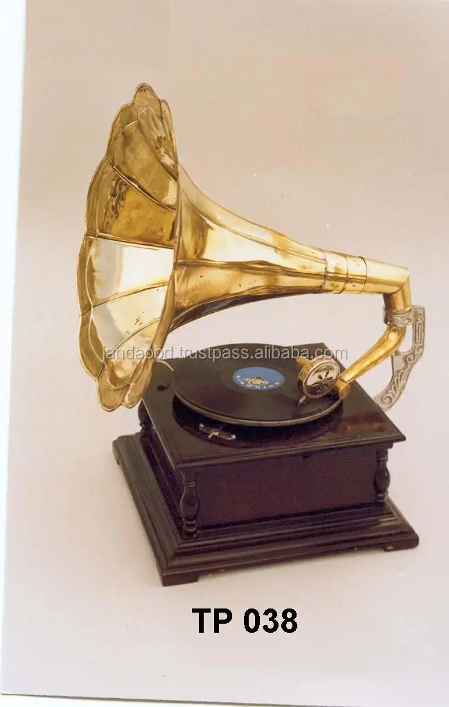 Gramophone With Round Wooden Base And Brass Horn Painted In Black And ...