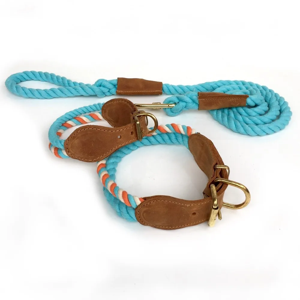 Natural Cotton Rope And Genuine Leather Dog Collar - Buy Dog Collar ...