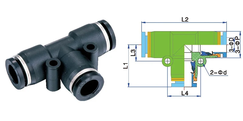 T Shape Push to Connect One Touch Tee Fitting PUT Series
