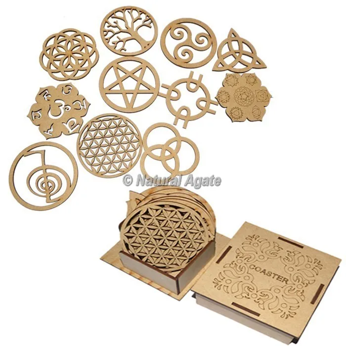 Natural Look Assorted Design Wooden Chakra Coasters