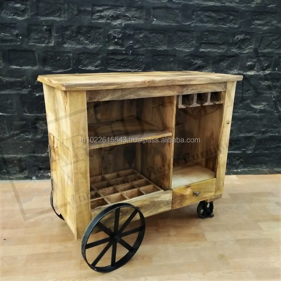 Industrial Mango Wood Bar Serving Trolley,Vintage Bar Drink Cart - Buy ...