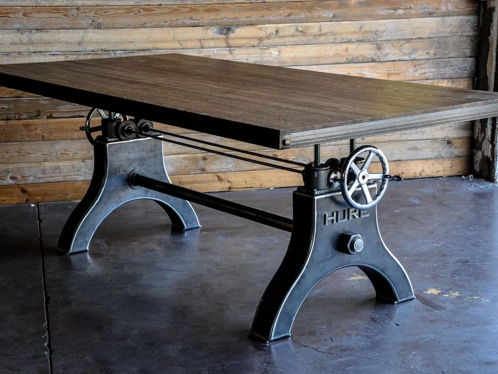 Industrial Iron Crank Round Height Adjustable And Wood Top Crank Table ...