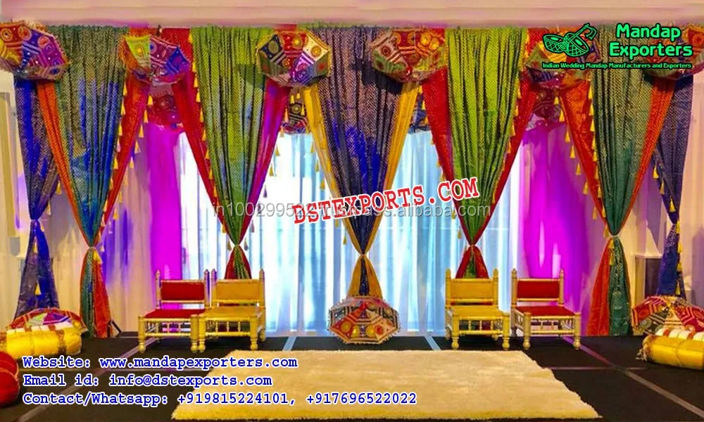 Rajasthani Style Wedding Stage Backdrop Curtains - Royal Blue Velvet