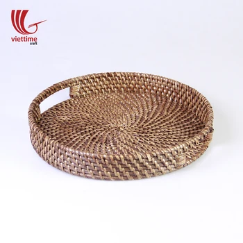 Round Rattan Wicker Flat Food Serving Tray,Wicker Serveware With Cut ...