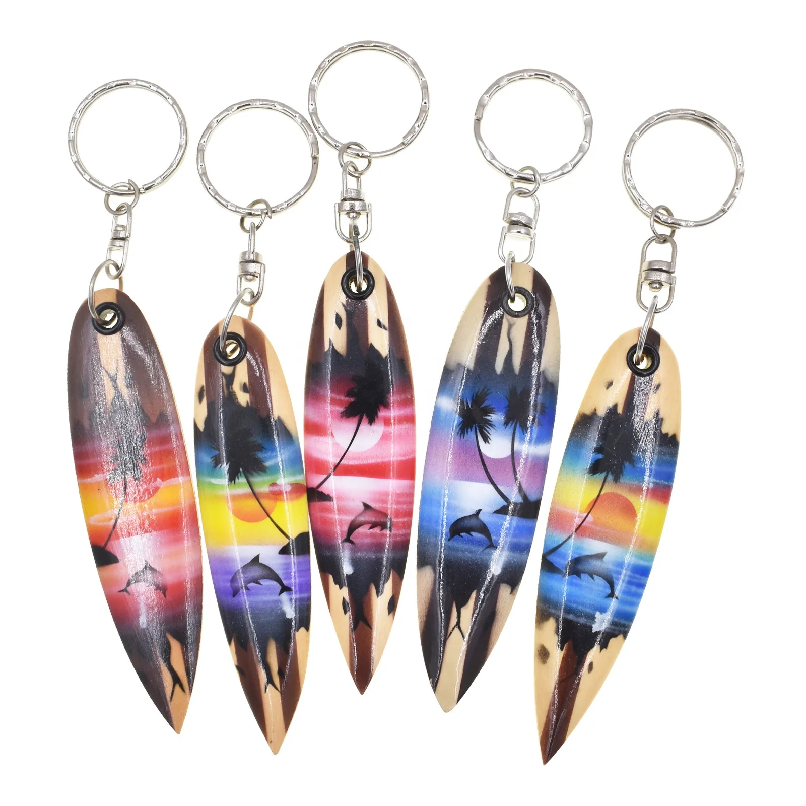 Hot Sale Wooden Sunset Beach Surfboard Keyring 10 Cm Handmade Airbrush ...