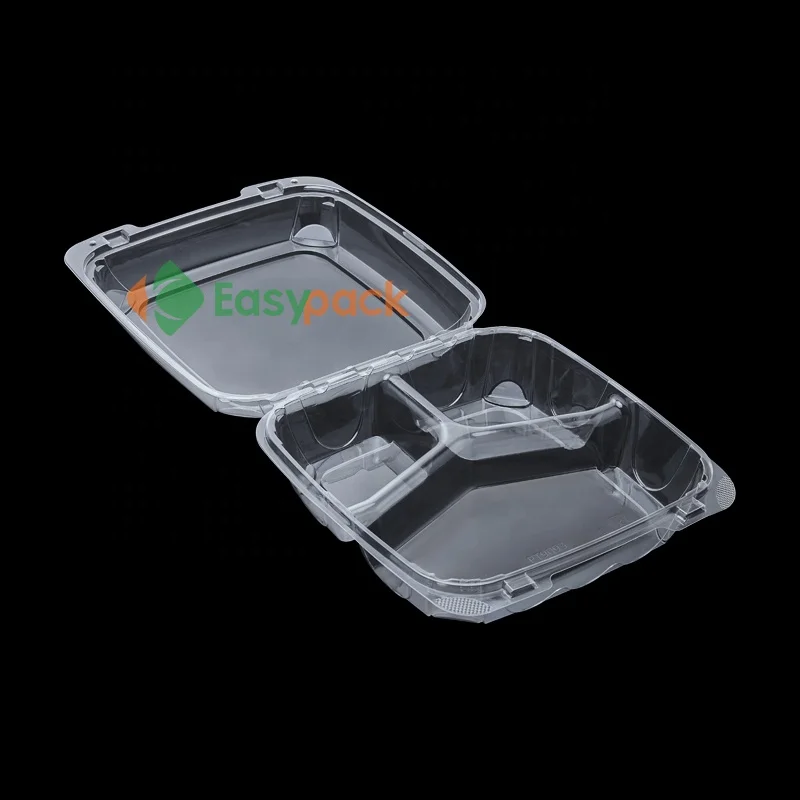 Transparent Pcr Pet Disposable Square 3 Compartments Clamshell Food ...