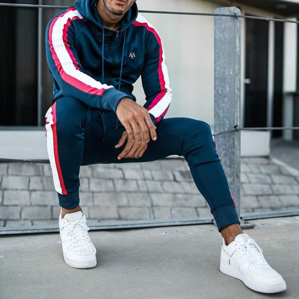 Men's Red Stripe Hooded Tracksuit Customizable Fitness Bodybuilding ...